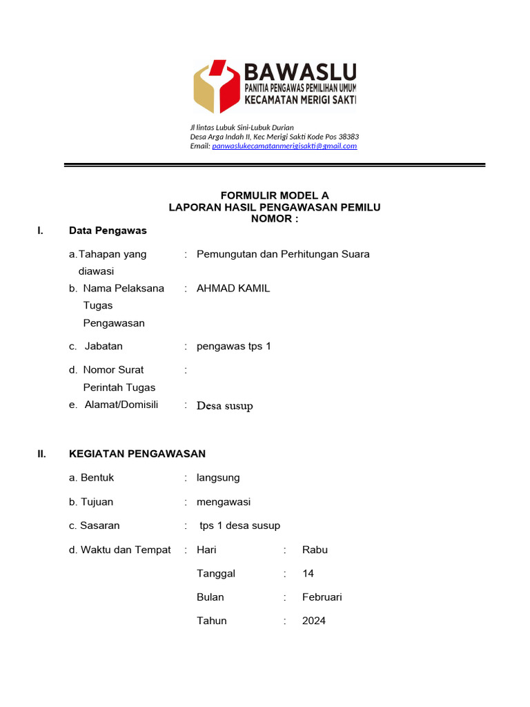 Laporan Pengawasan Pemilu Desa Susup | PDF