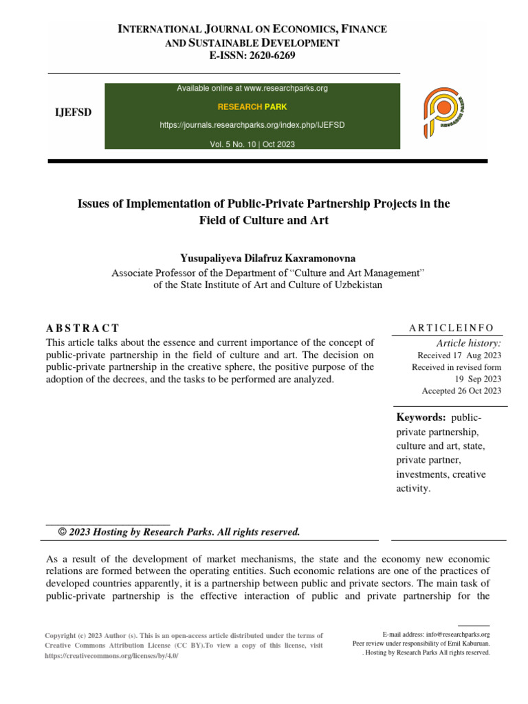 Issues Of Implementation Of Public Private Partnership Projects In The Field Of Culture And Art