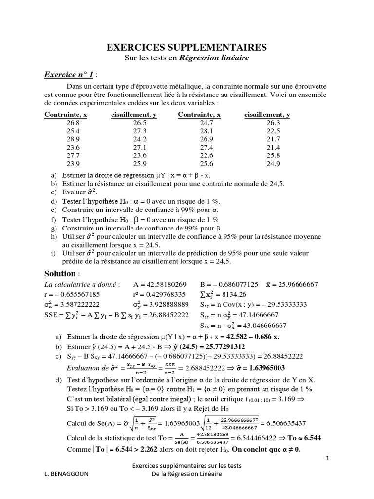 Exercices Supplementaires Tests Regression | PDF | Régression linéaire ...