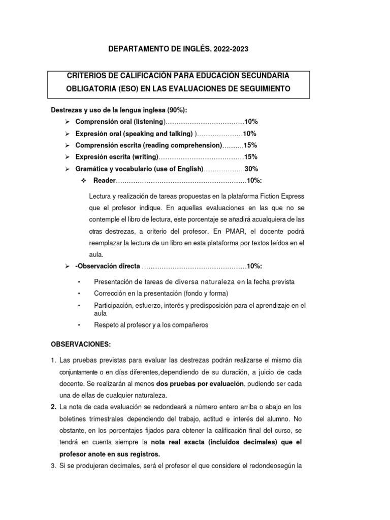 Criterios de Calificación ESO y Bachillerato | PDF | Evaluación | Maestros