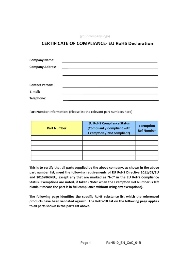 RoHS10 EN CoC Template 01B | PDF | Materials | Environmental Chemistry