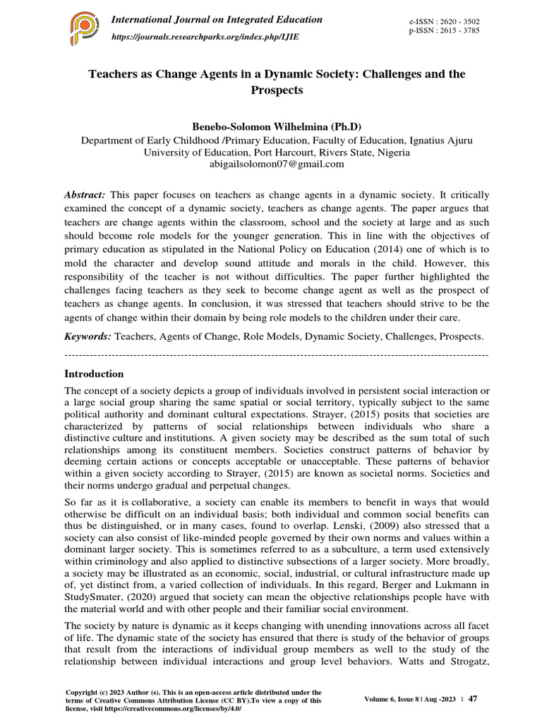 Teachers As Change Agents in A Dynamic Society: Challenges and The Prospects | Download Free PDF ...