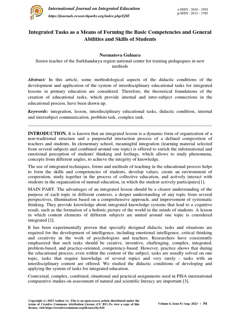 Integrated Tasks As A Means of Forming The Basic Competencies and General Abilities and Skills ...