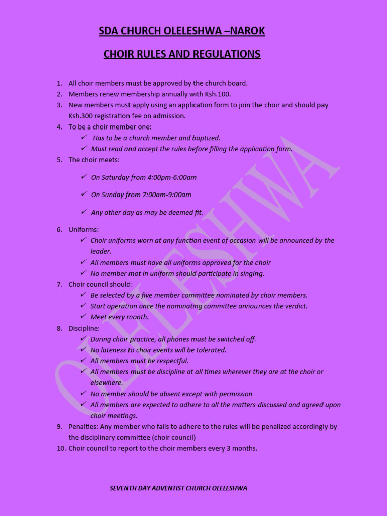 SDA Church Choir Rules and Regulations | PDF | Seventh Day Adventist ...
