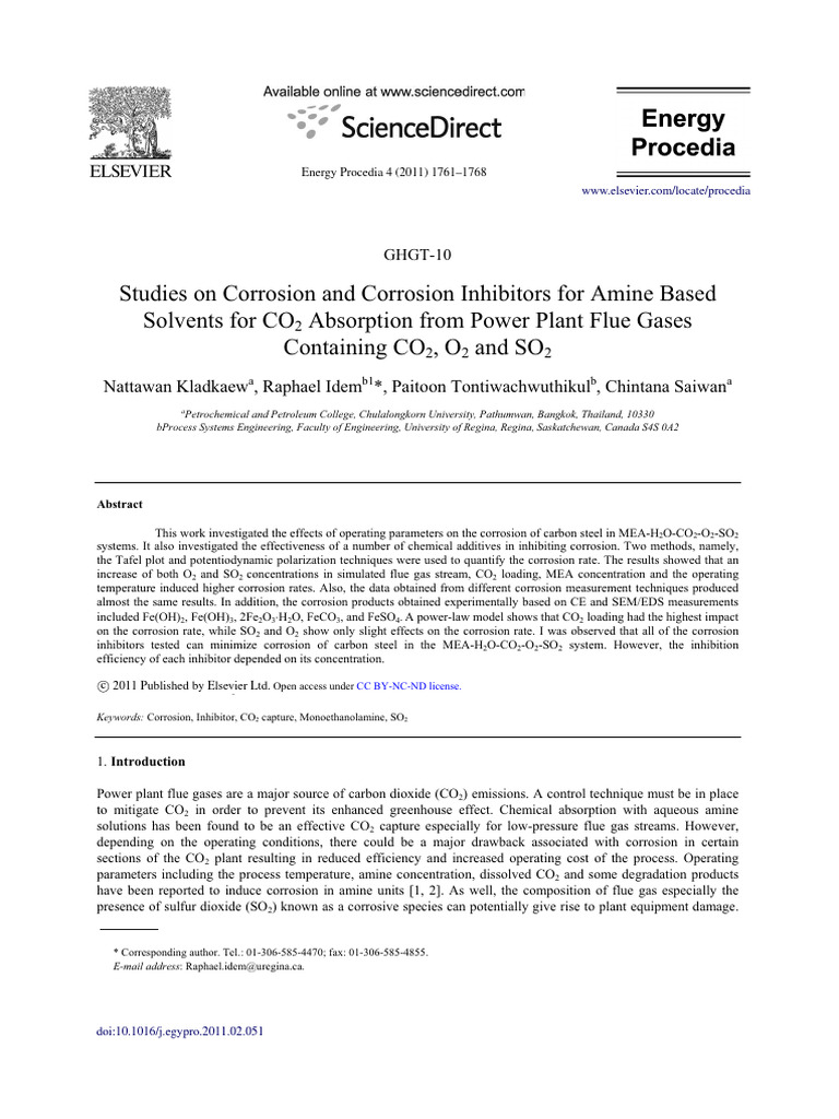 Studies On Corrosion and Corrosion Inhibitors For Amine Based Solvents ...
