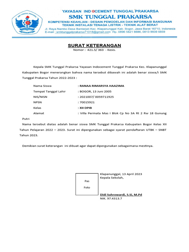 SURAT KETERANGAN Utbk | PDF