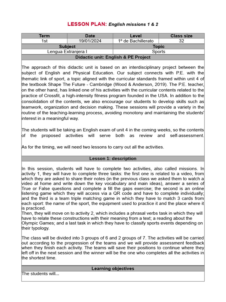 English&PE Project LessonPlan | Download Free PDF | Physical Education | Cognitive Science