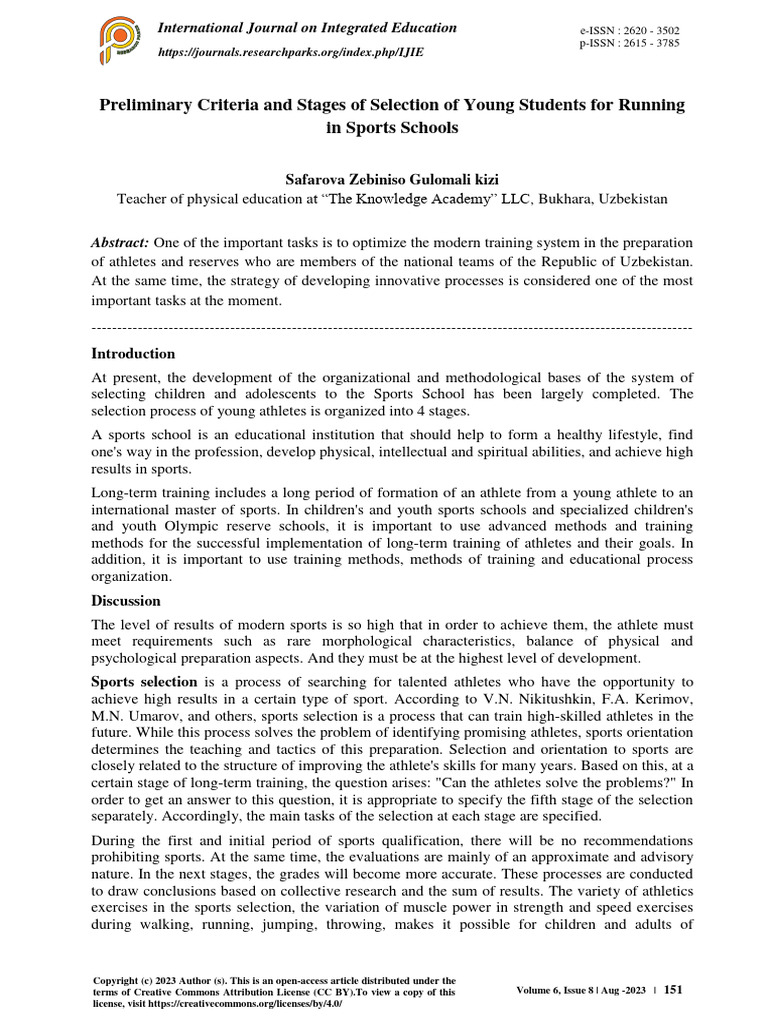Preliminary Criteria and Stages of Selection of Young Students For ...