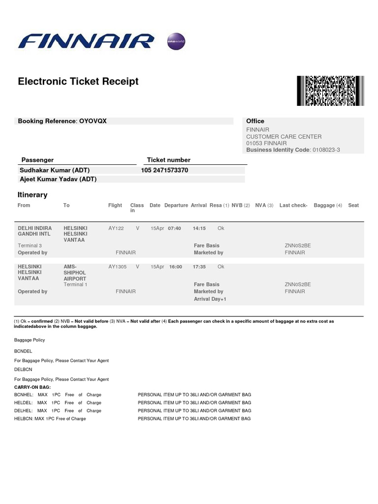 Finnair Electronic Ticket Receipt | PDF | Baggage | Civil Aviation