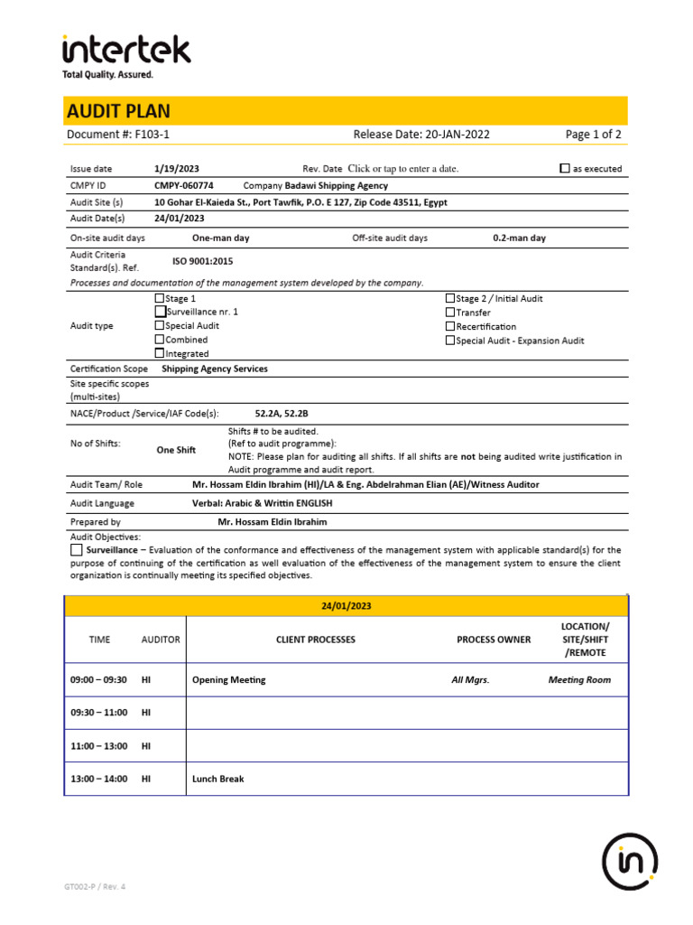 01- F103-1 Audit Plan | PDF | Audit | Financial Audit