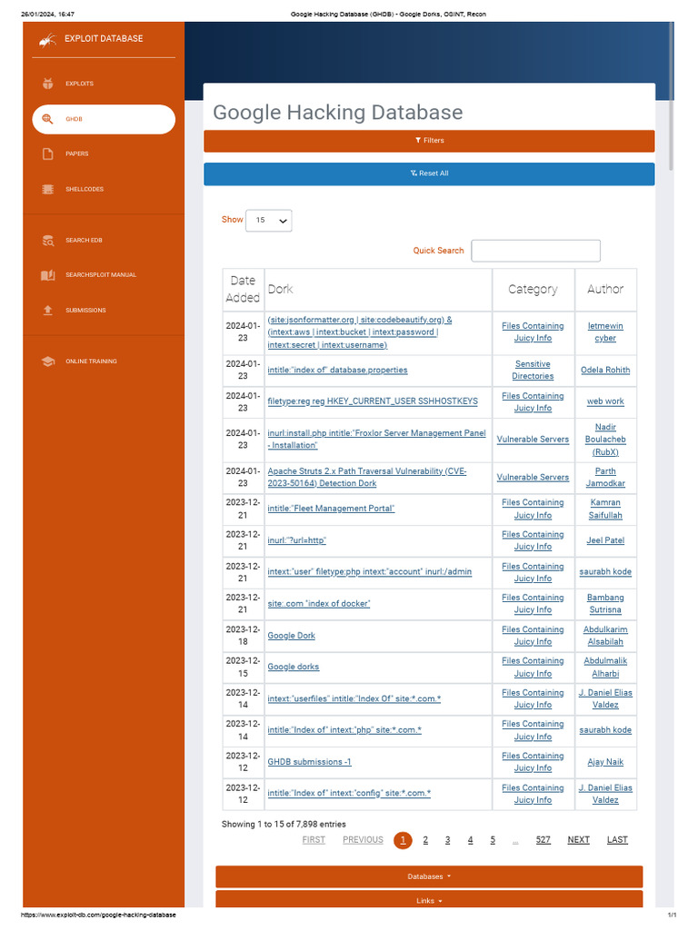Google Hacking Database (GHDB) - Google Dorks, OSINT, Recon | PDF | Computer Science | Internet