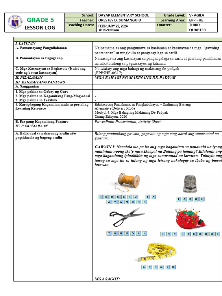 Epp 5 - Home Economics - Mga Bahagi NG Makinang De-Padyak | PDF