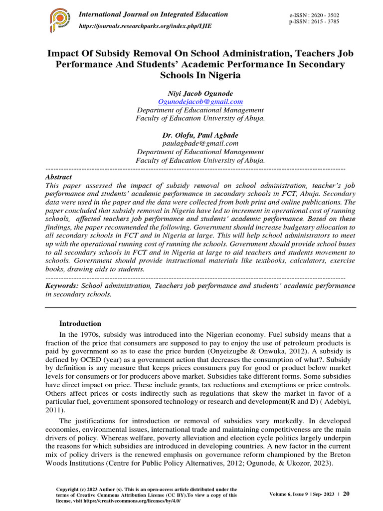 Impact of Subsidy Removal On School Administration, Teachers Job Performance and Students ...