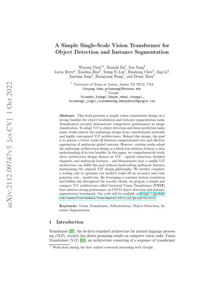 A Simple Single-Scale Vision Transformer For Object Detection and Instance Segmentation | PDF ...