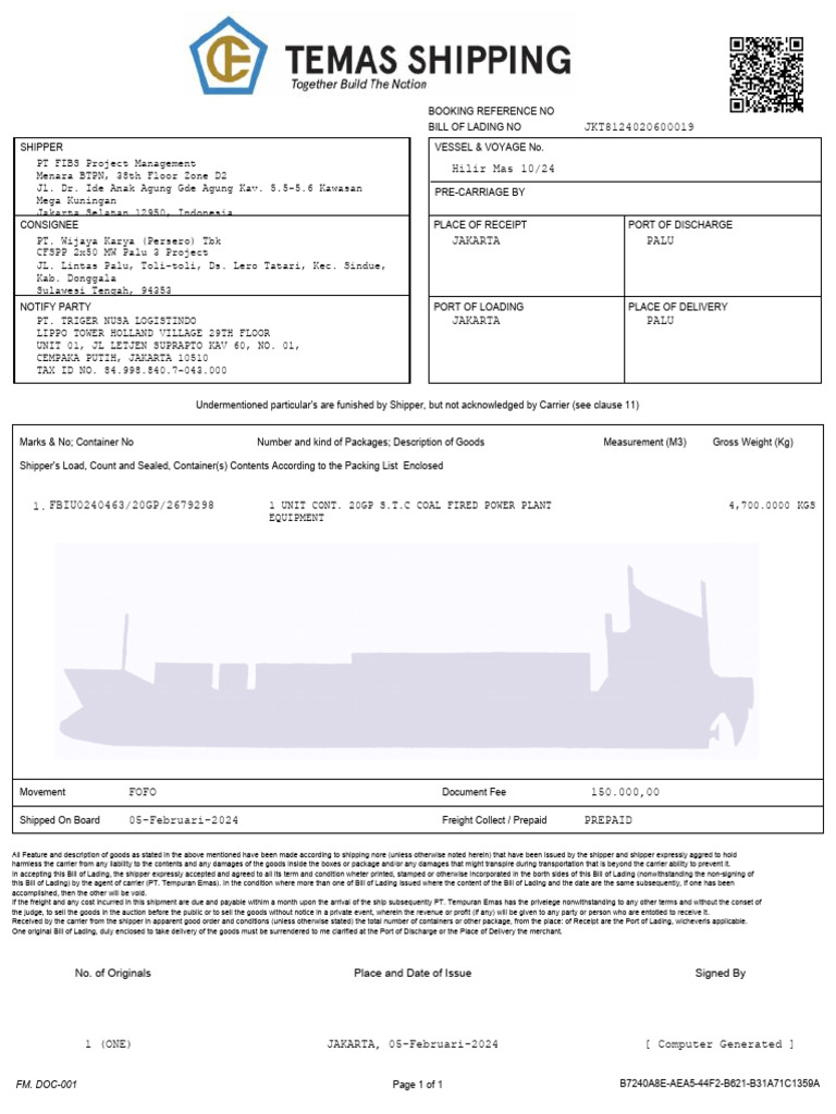 BL JKT8124020600019 | PDF | Cargo | Bill Of Lading