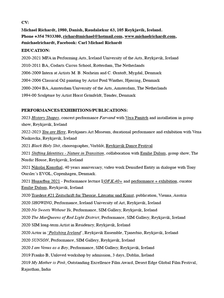 Michael Richardt: Artist CV & Performances | PDF | The Arts ...