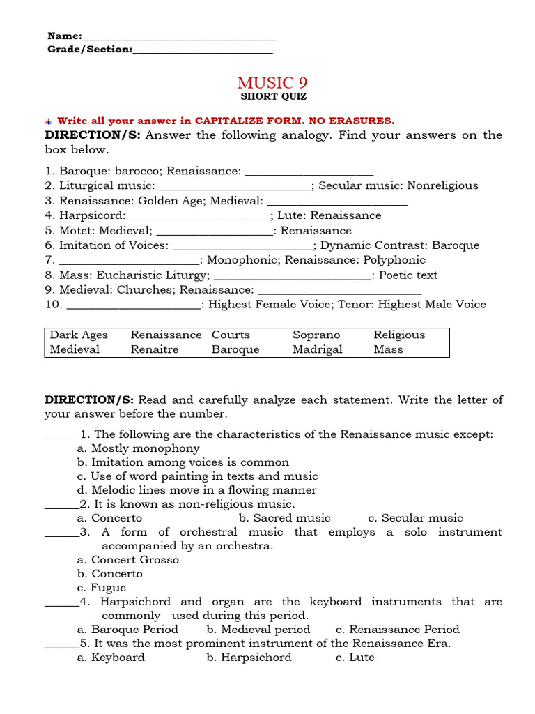 Mapeh 9 - Q1 Short Quiz | PDF | Baroque Music | Performing Arts
