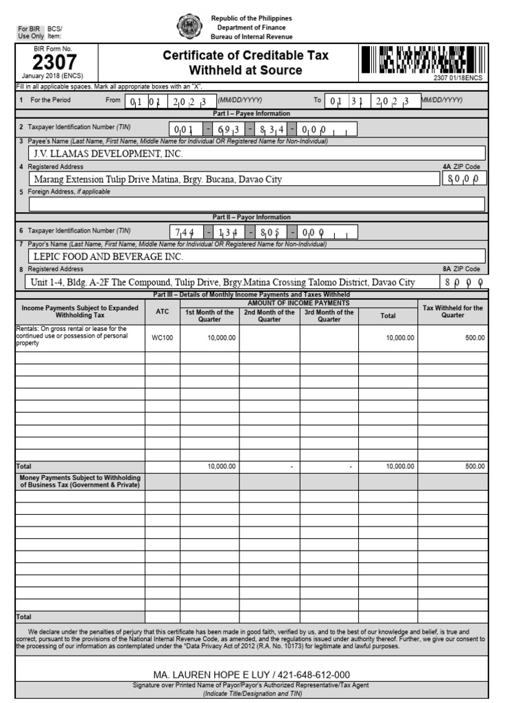 2307 FORM - WITHHOLDING 2021 - Van | PDF | Withholding Tax | Corporate Tax