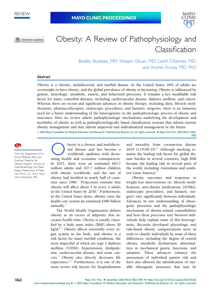 Obesity A Review of Pathophysiology and Classific - 2023 - Mayo Clinic Proceedi | PDF | Leptin ...