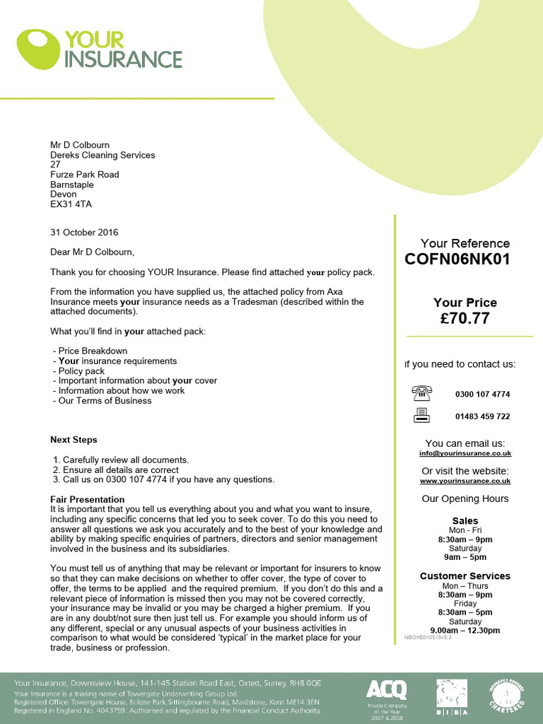 Tradesman Insurance Policy Details | PDF | Insurance | Payments