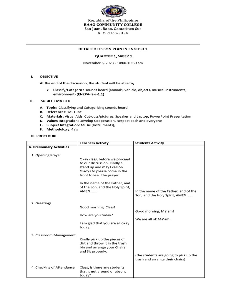 DETAILED LESSON PLAN IN ENGLISH 2 Final Na | PDF | Sound | Lesson Plan