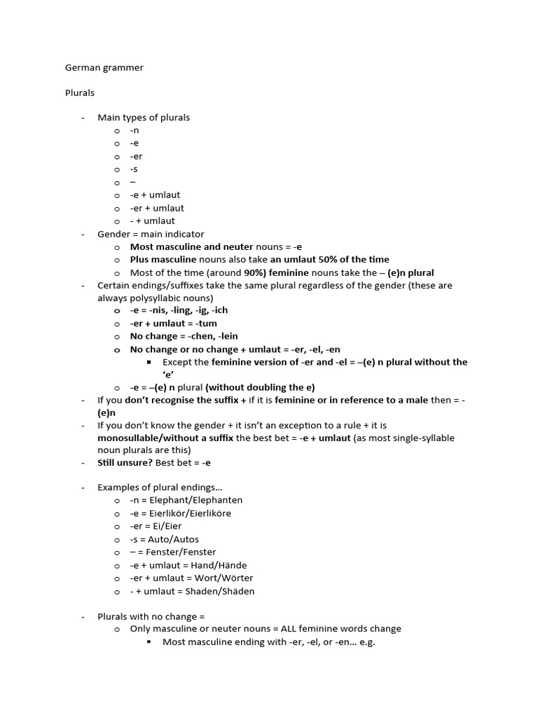 German Grammer Plurals | PDF | Grammatical Gender | Plural
