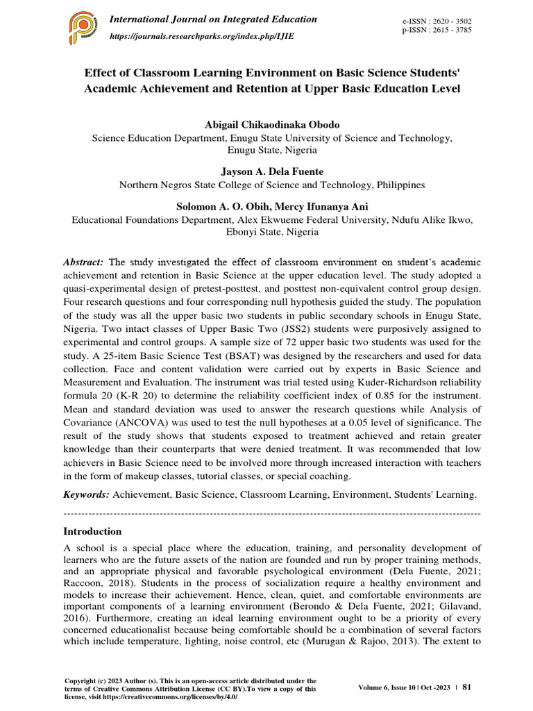 Effect of Classroom Learning Environment On Basic Science Students ...