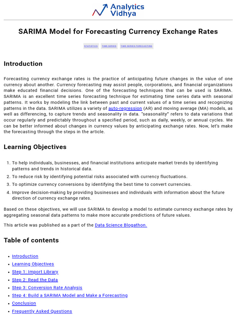 Sarima Model For Forecasting Currency Exchange Rates | PDF ...
