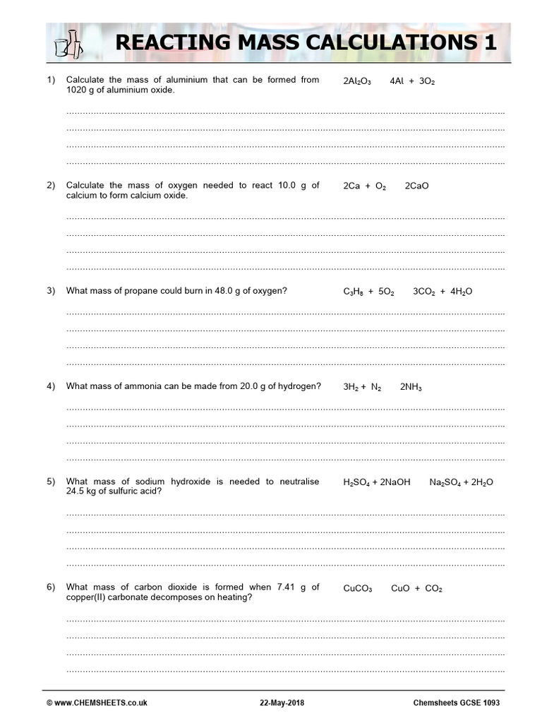 Reacting Mass Calculations Worksheet | PDF | Chemistry | Chemical ...