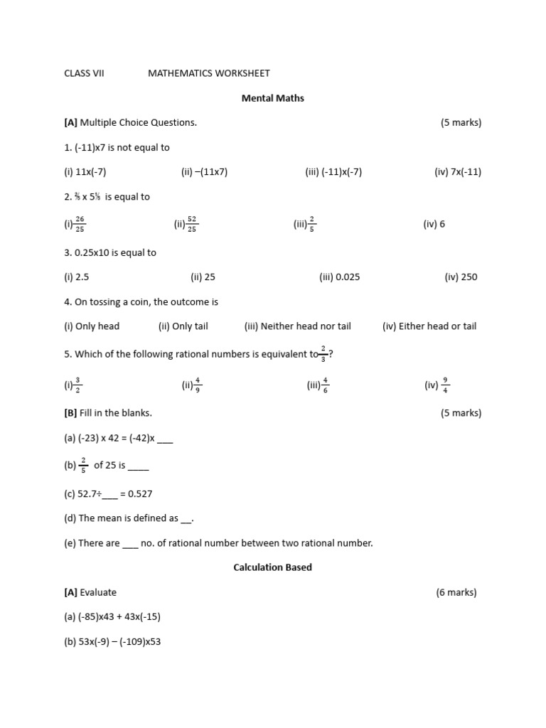 CLASS VII MATHEMATICS WORKSHEET(1) | PDF | Rational Number | Mathematics