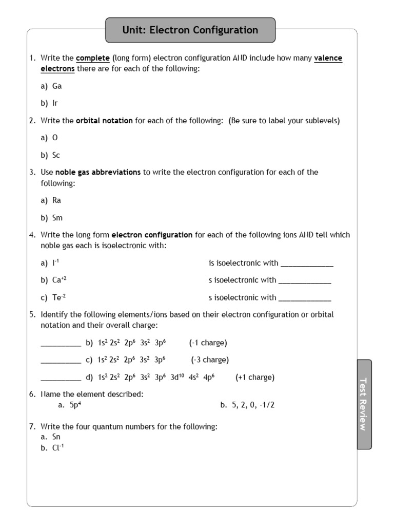 Electron Configuration Unit Test Review | PDF | Teaching Methods ...
