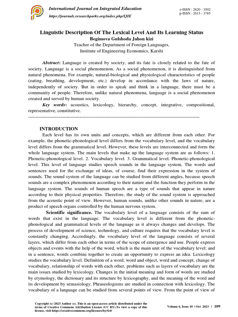 Linguistic Description of The Lexical Level and Its Learning Status ...