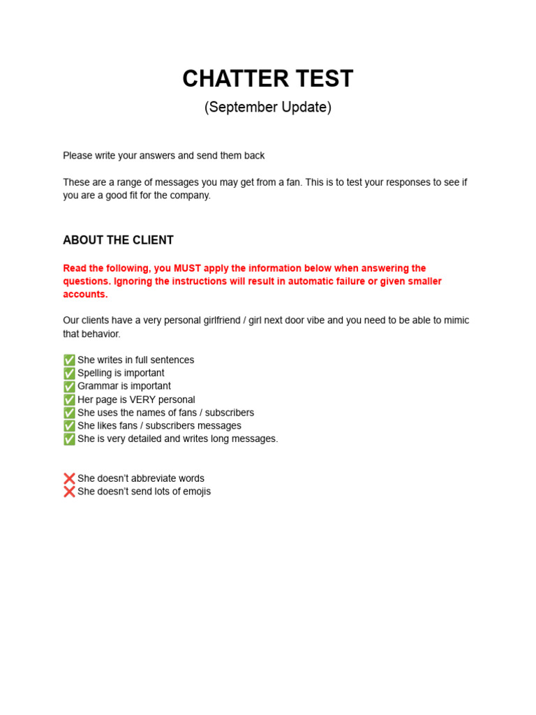 OnlyFans Chatter Test Guidelines | PDF