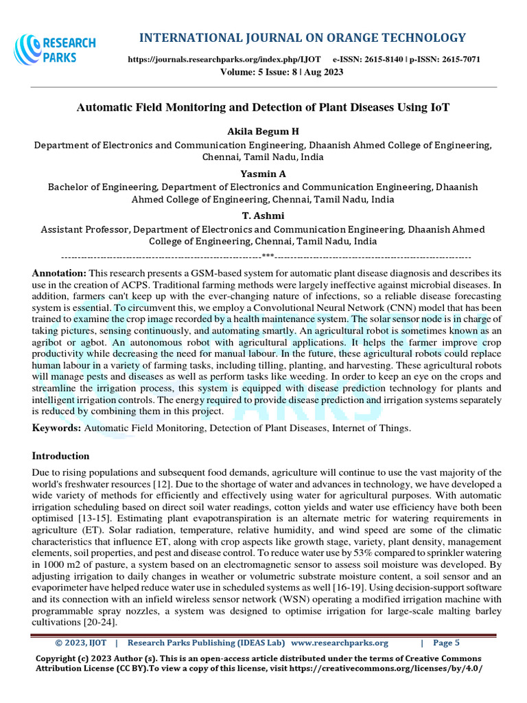 Automatic Field Monitoring and Detection of Plant Diseases Using IoT | PDF | Power Supply ...