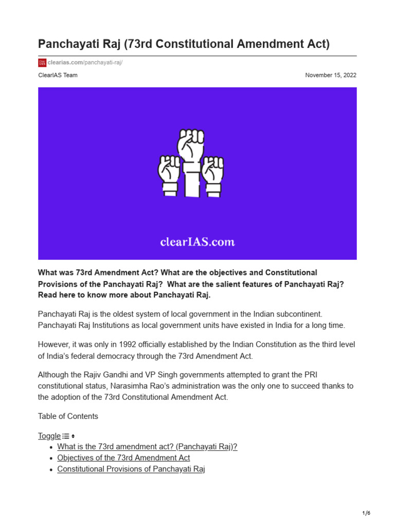 Panchayati Raj 73rd Constitutional Amendment Act | PDF | Government ...