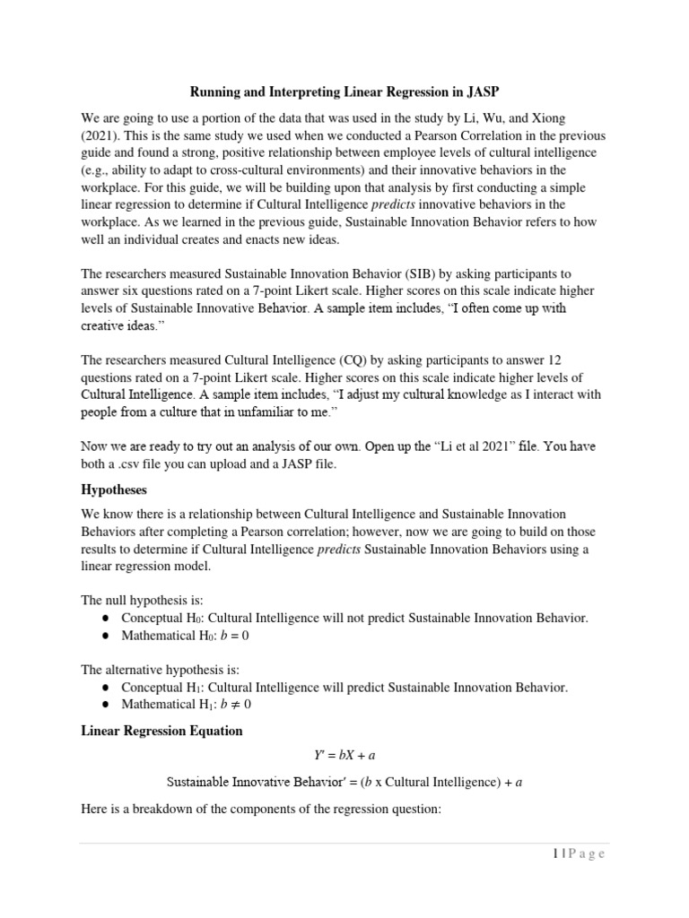 Regression Step-by-Step JASP Guide | PDF | Errors And Residuals | Regression Analysis