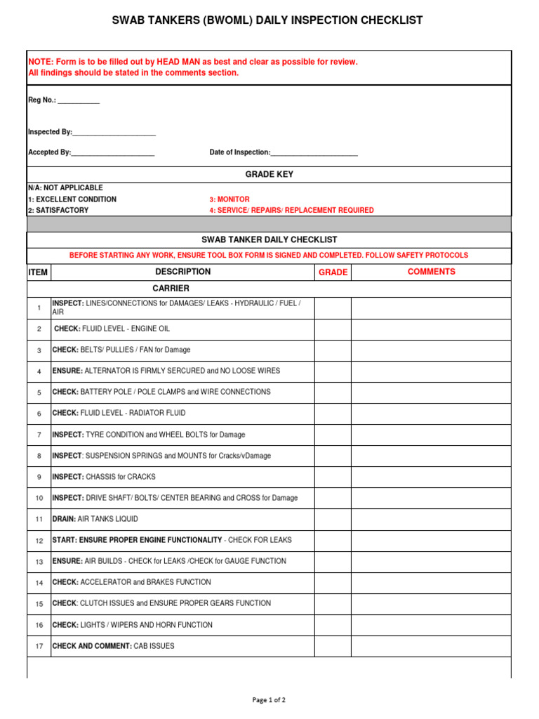 Swab Tanker - Daily Checklist - Blue-White | PDF | Oil Tanker ...