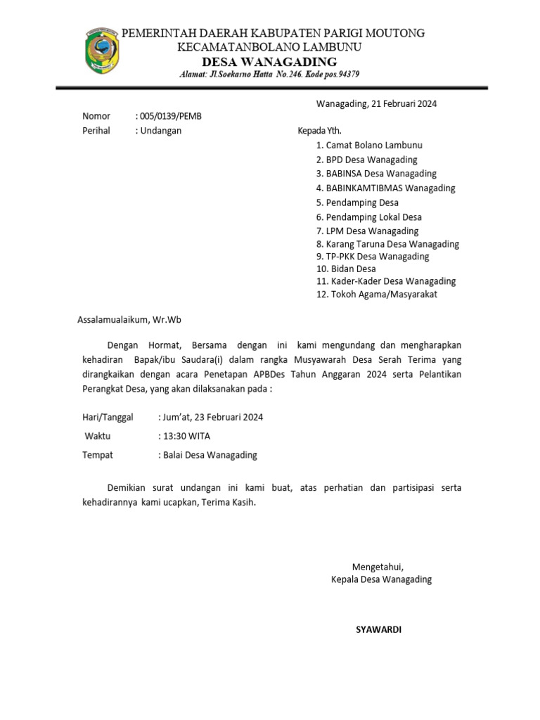 Undangan Musdes Desa Wanagading | PDF