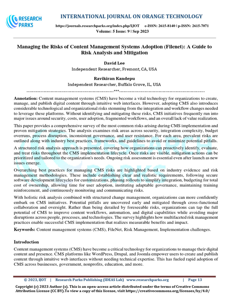 Managing The Risks of Content Management Systems Adoption (Filenet) : A ...