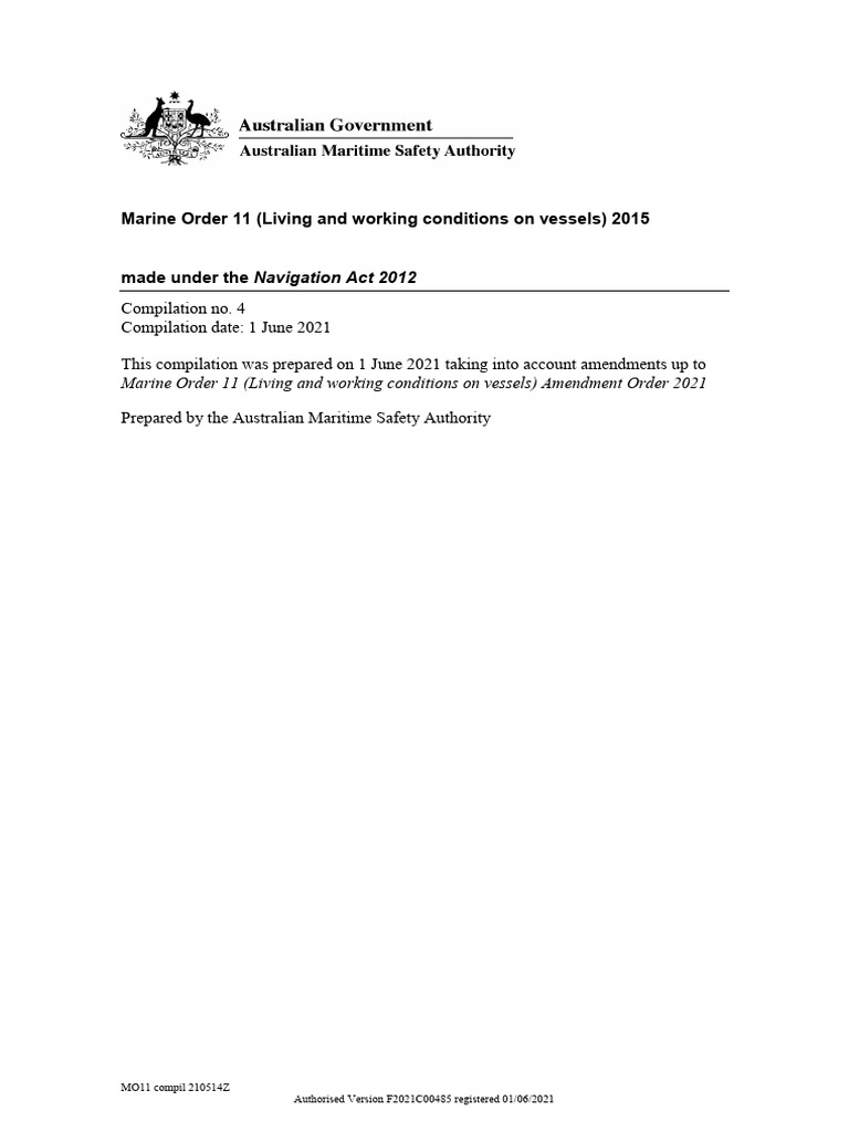 Marine Order 11 (Living and Working Conditions On Vessels) 2015 | PDF ...