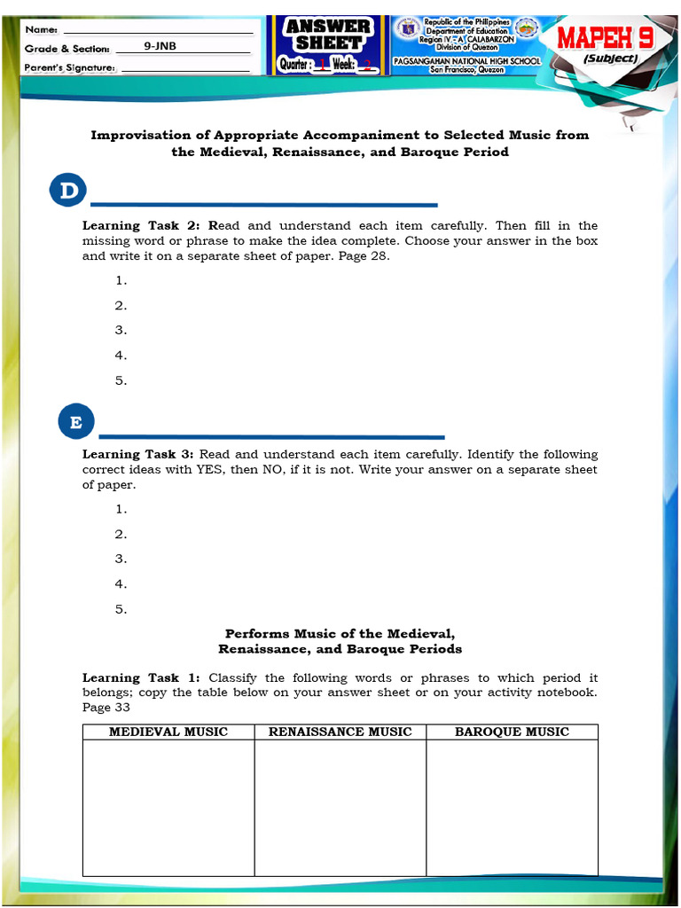 MAPEH 9-Musical Elements During The Medieval Answer Sheet w4-8 | PDF