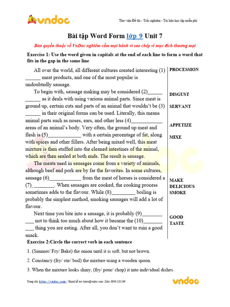 Bai Tap Word Form Lop 9 Unit 7 | PDF | Sausage | Home
