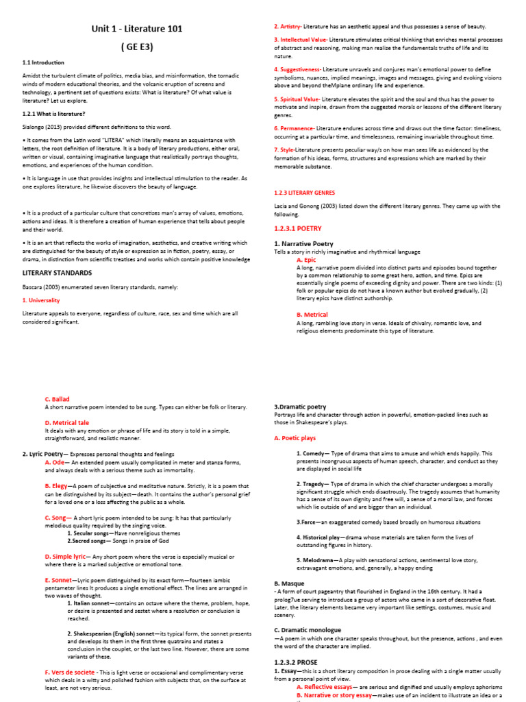 Unit 1 - Literature 101 (GE E3) : 2. Artistry-3. Intellectual Value | PDF | Poetry | Iliad