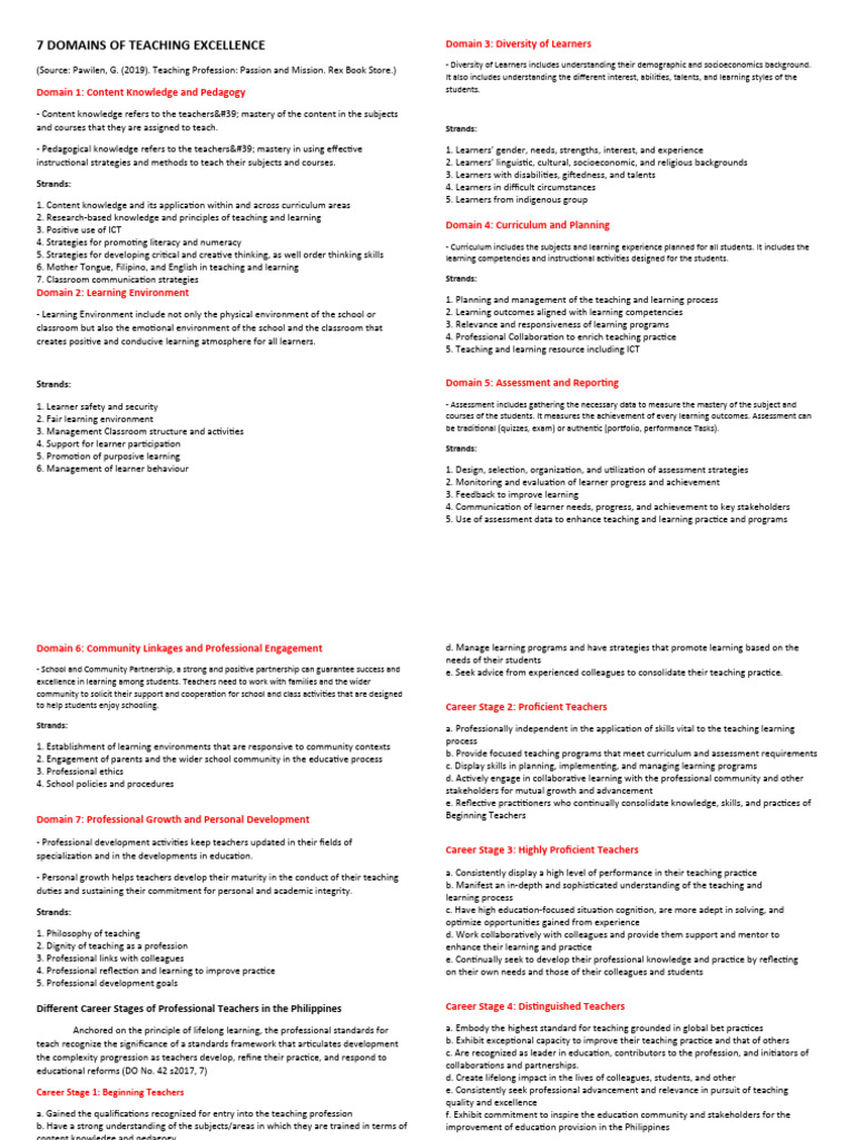 7 Domains of Teaching Excellence | PDF | Educational Assessment | Learning