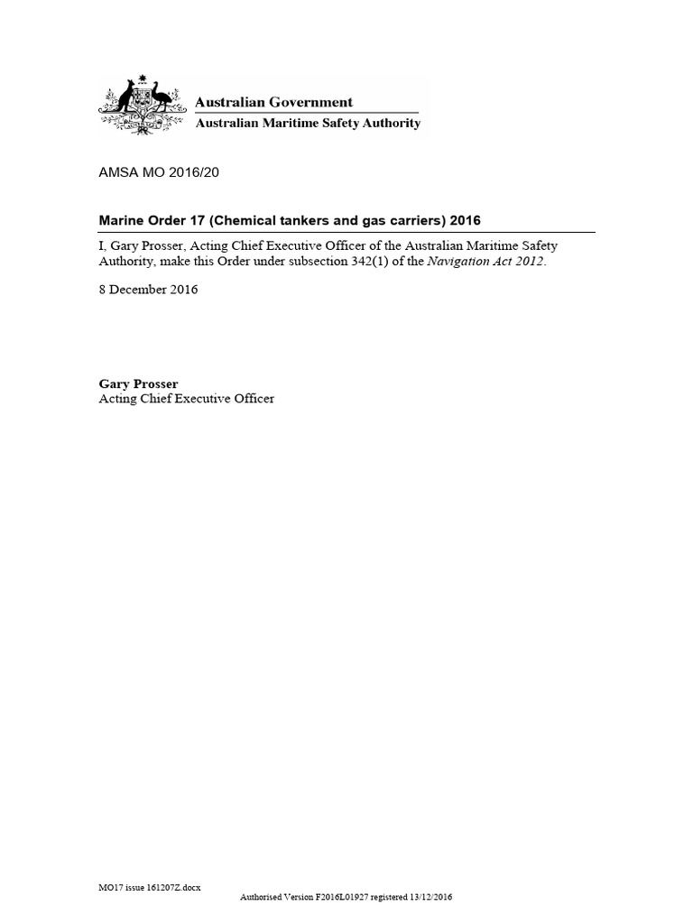 Marine Order 17 (Chemical Tankers and Gas Carriers) 2016 | PDF ...