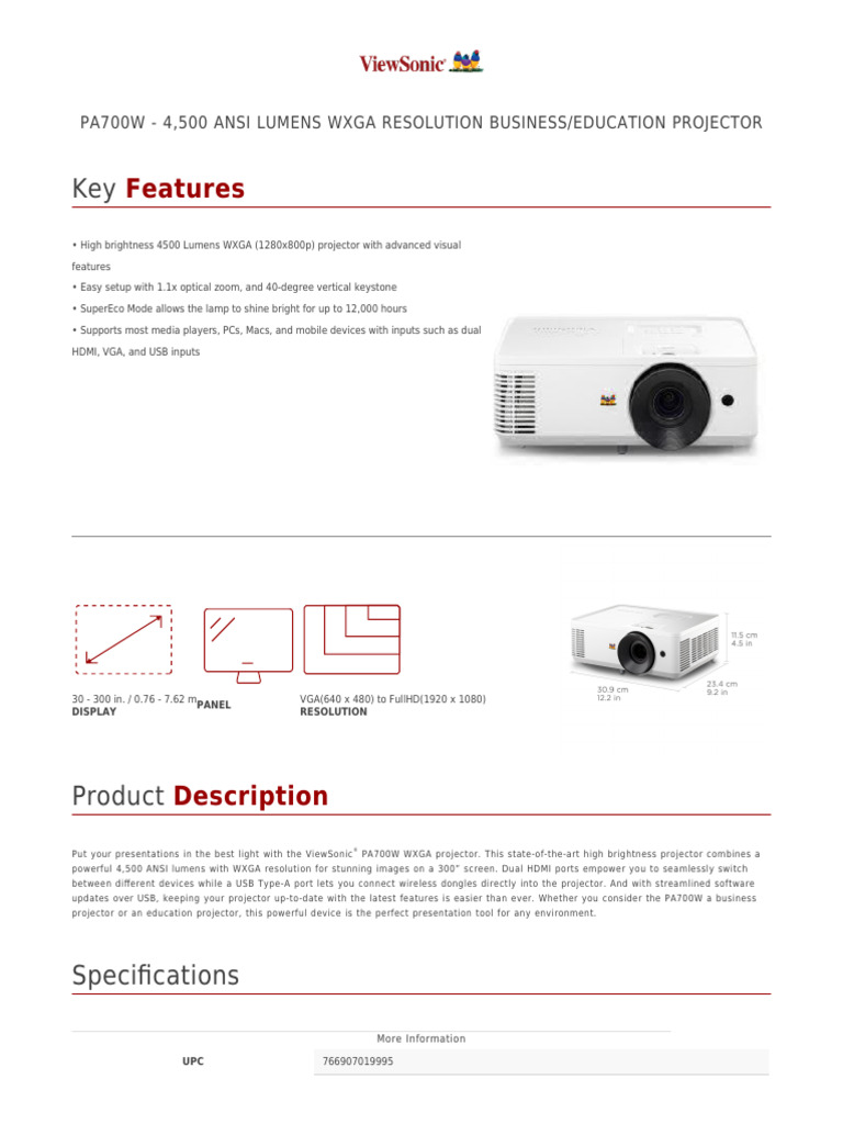 Datasheet PA700W | PDF | Display Resolution | Hdmi