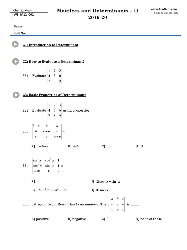 1555420332_IF00N_M12_Matrics_and_Determinants_II_worksheet | PDF ...