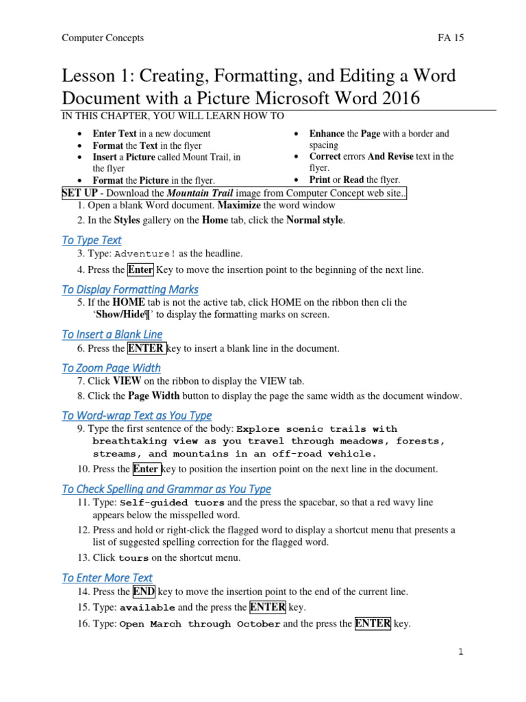 Microsoft Word 2016 Lesson 1 Directions | PDF | Button (Computing ...