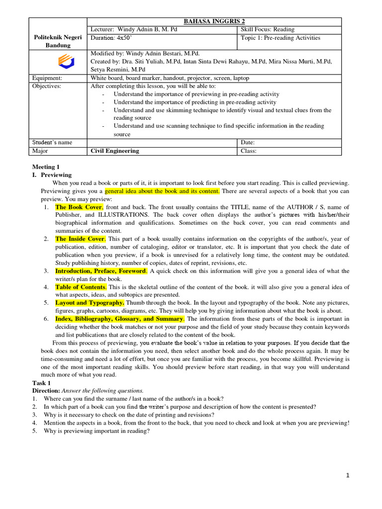 Meeting 1 Pre-Reading Activity | PDF | Books | Speed Reading