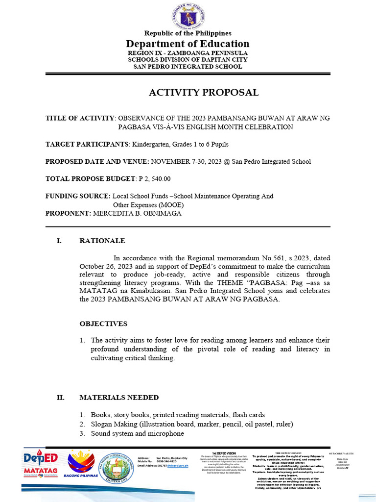 2023 Reading Month Activity Proposal | PDF | Learning